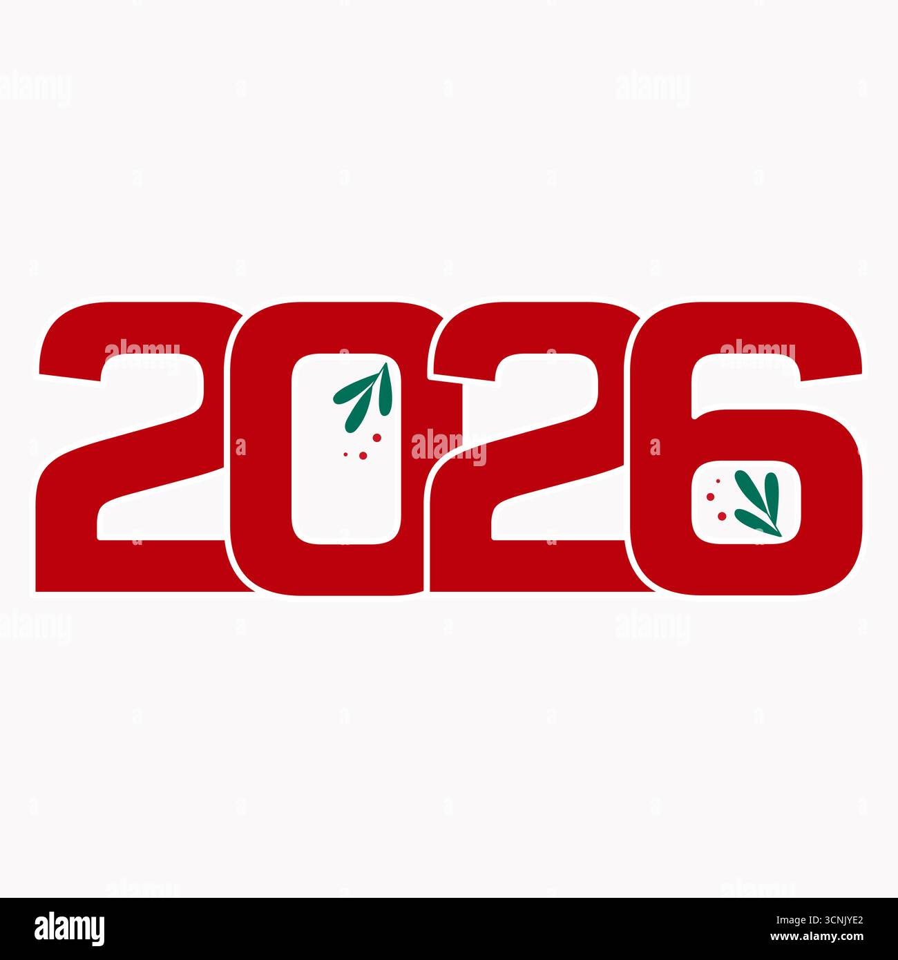 2026 bold red numbers vector with festive green leaves and berries ...