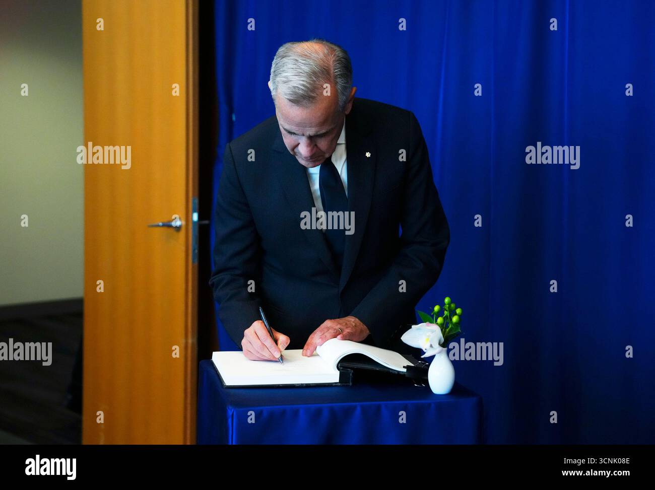 Canada's Prime Minister Mark Carney signs a guest book as he meets with ...