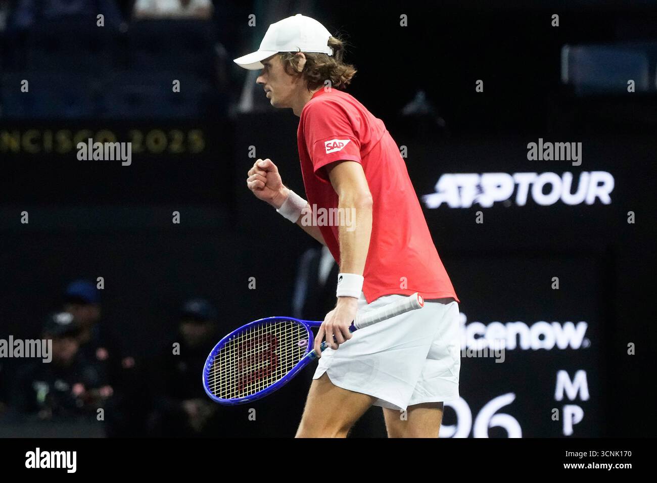 Team World's Alex de Minaur, of Australia, reacts after winning a set ...