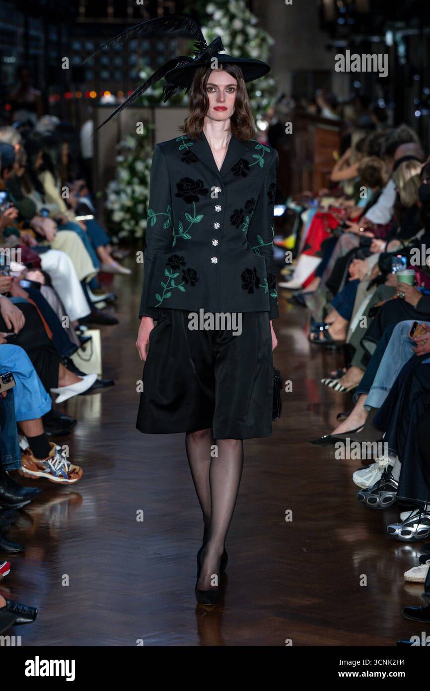 A model is seen on the catwalk at the Patrick McDowell fashion show ...