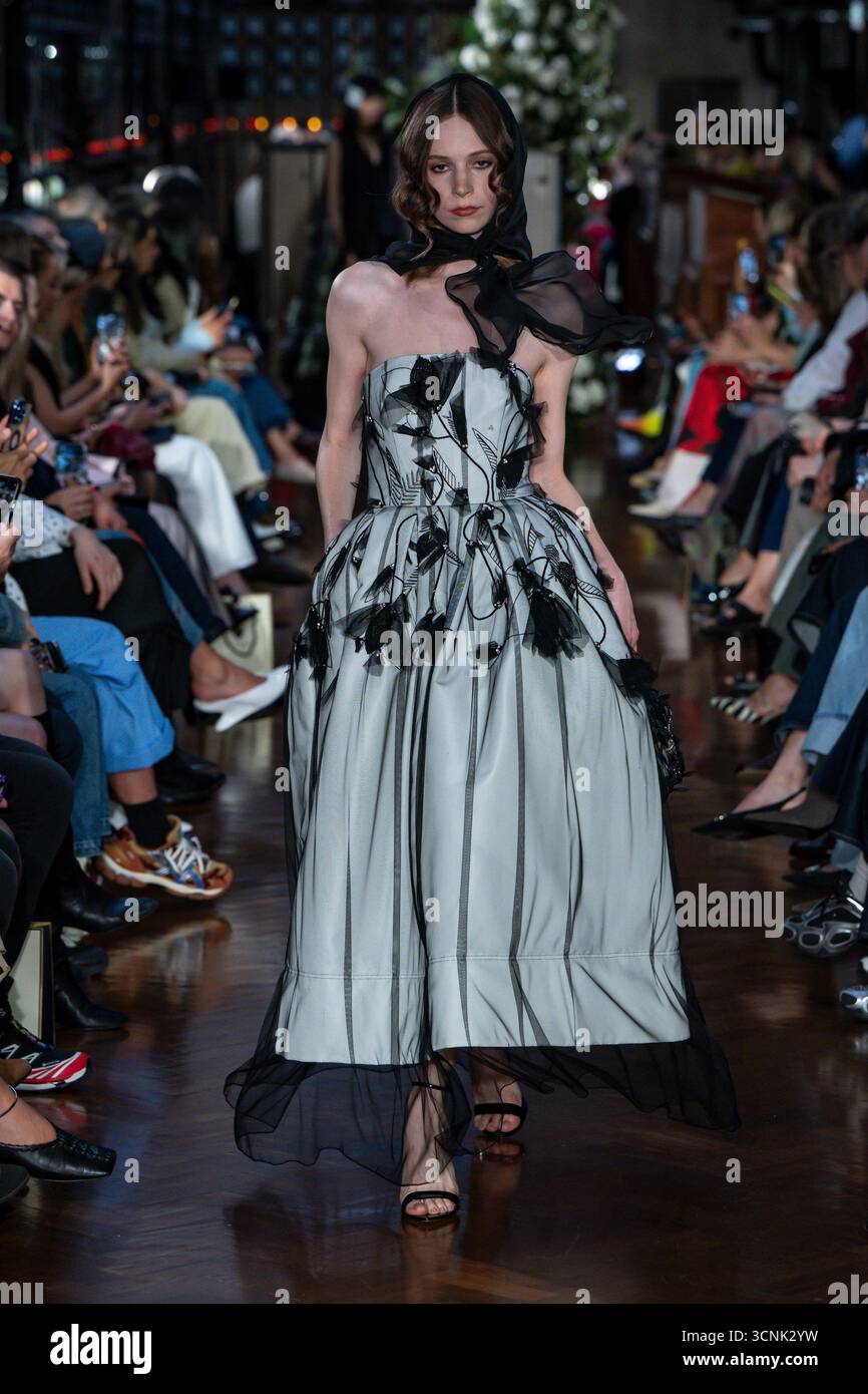 A model is seen on the catwalk at the Patrick McDowell fashion show ...