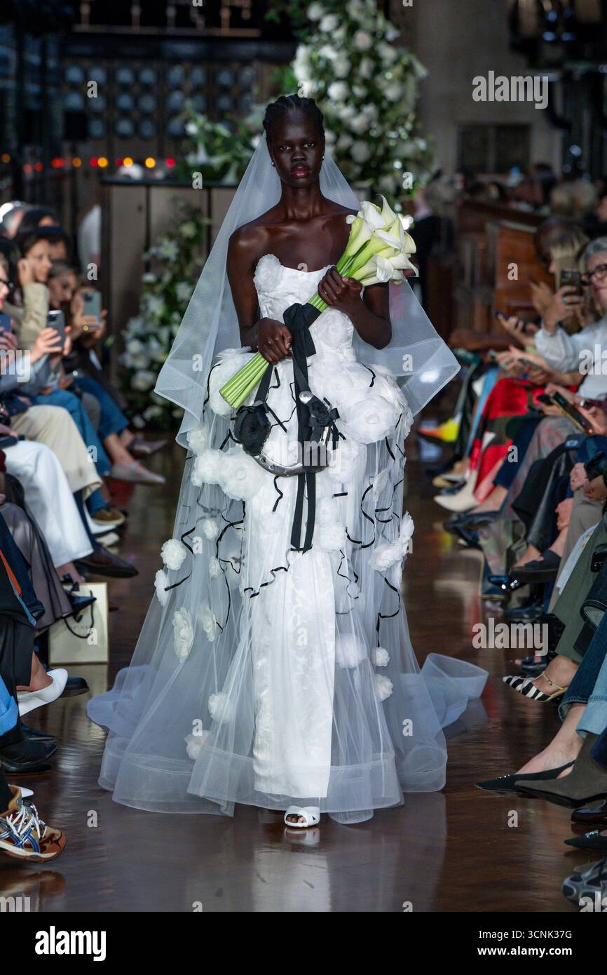 A model is seen on the catwalk at the Patrick McDowell fashion show ...