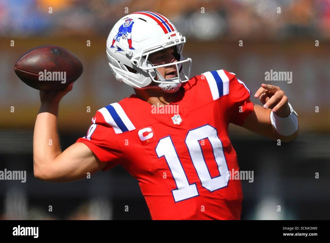 New England Patriots quarterback Drake Maye (10) passes in the first ...