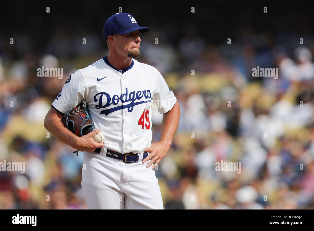 Los Angeles Dodgers pitcher Blake Treinen (49) looks on during the ...