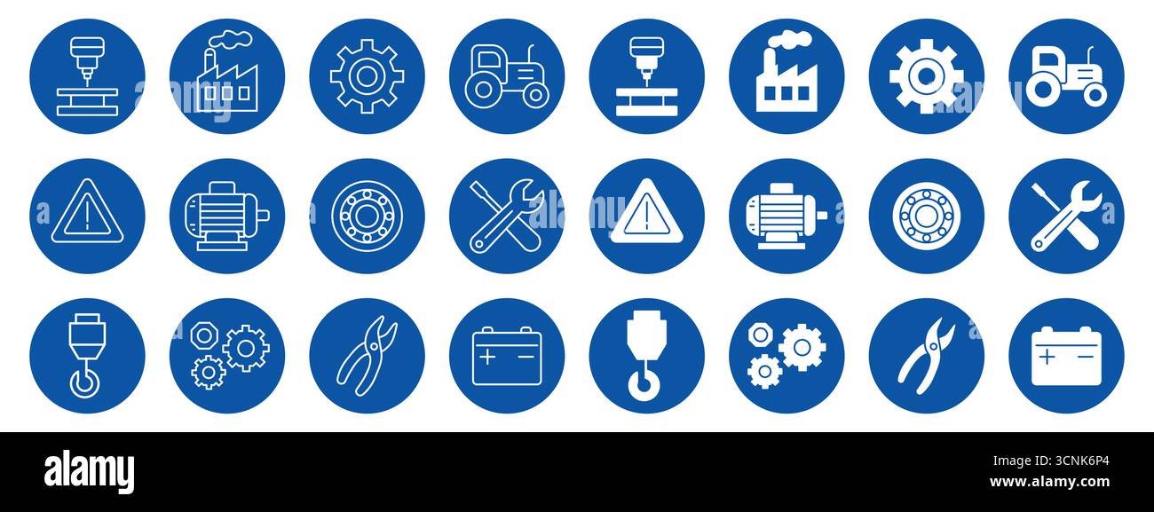 A collection of blue industrial icons representing various ...