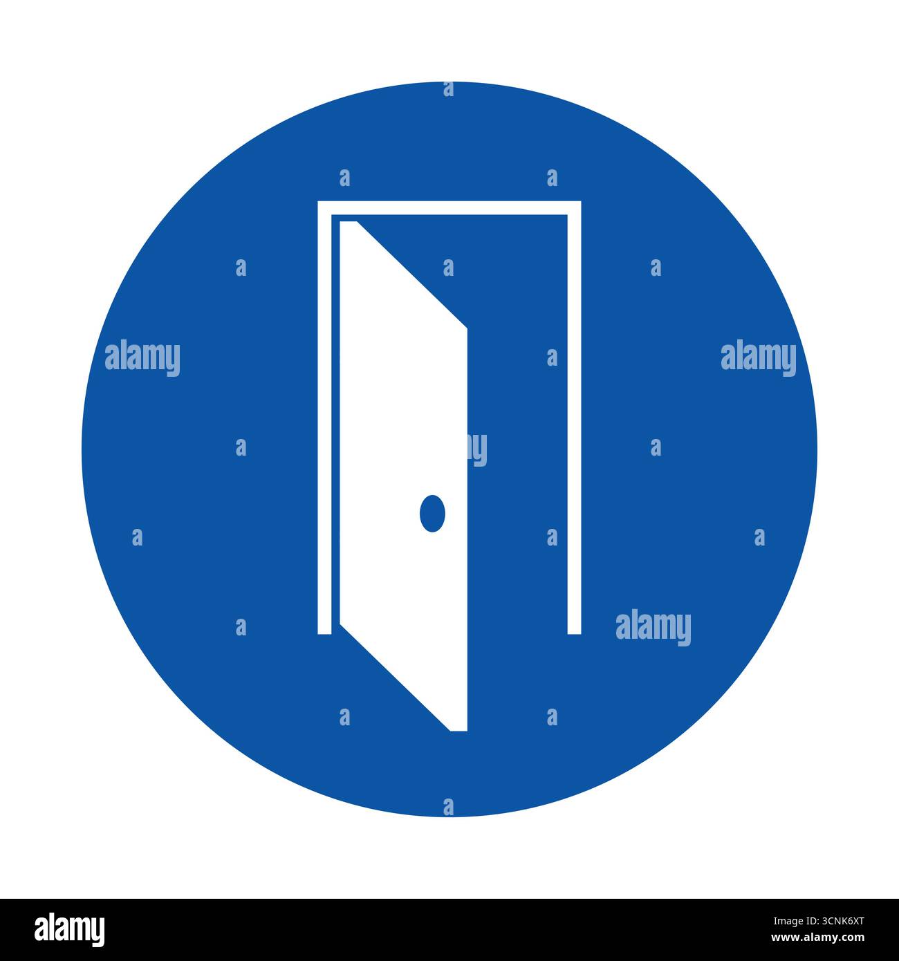 This image features a simple open door symbol in a blue circle ...