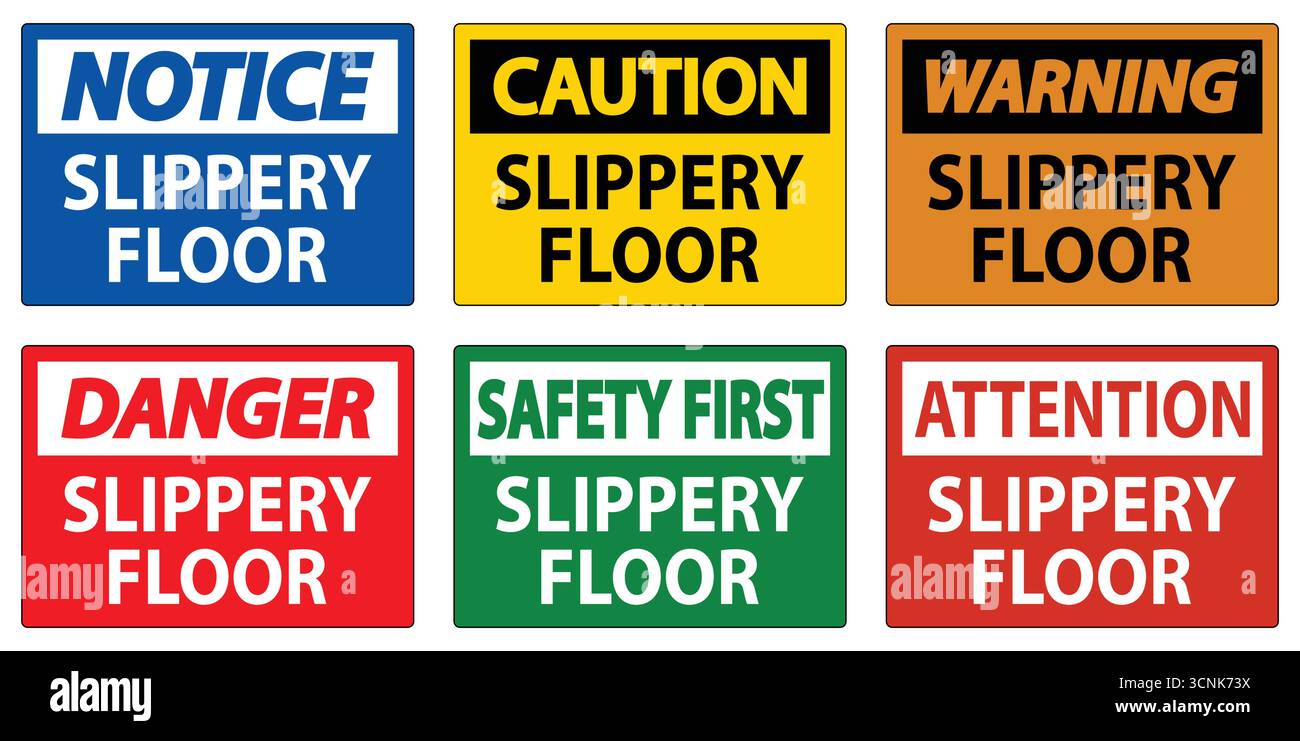 A collection of safety signs indicating slippery floor hazards ...