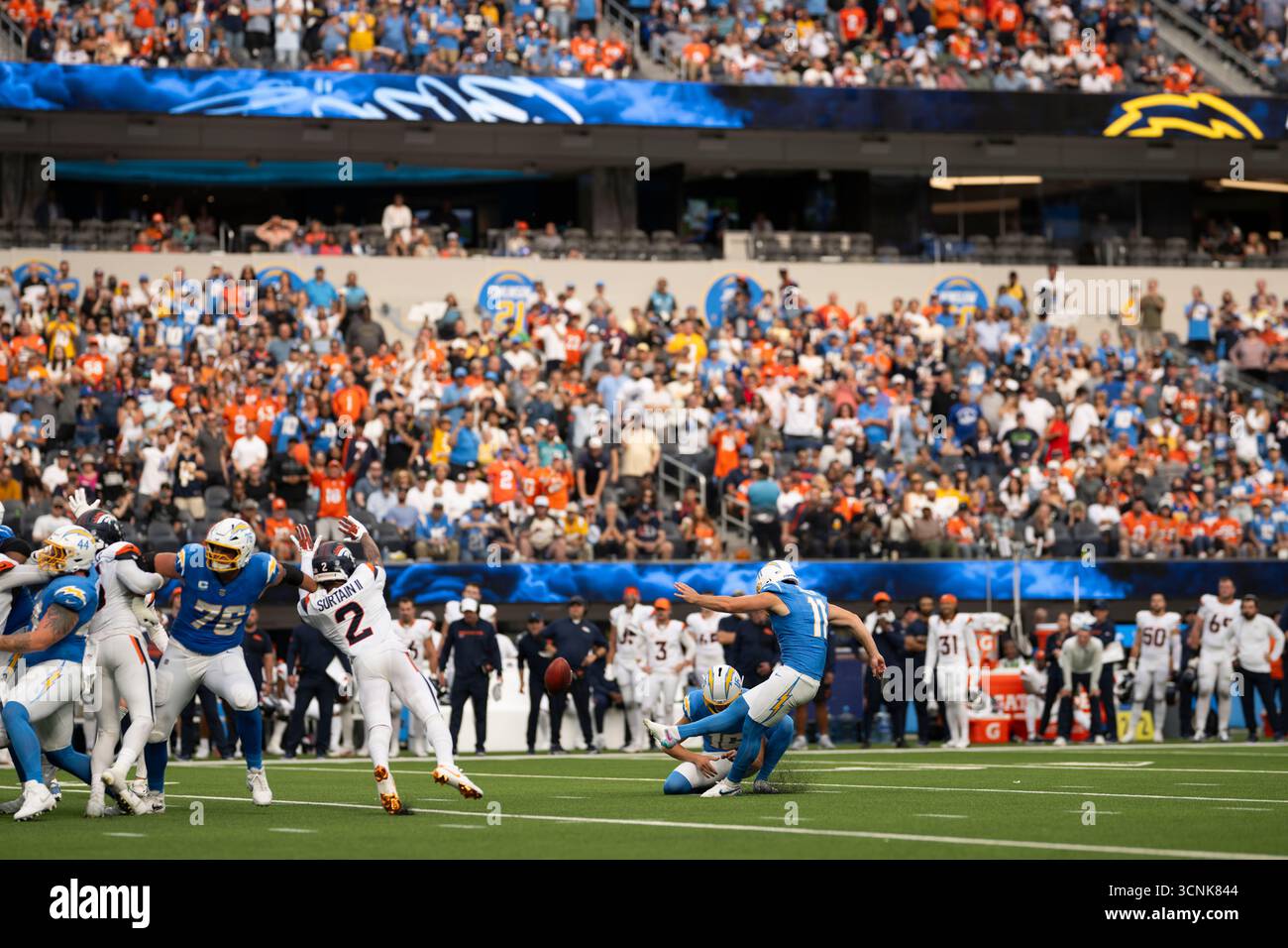Los Angeles Chargers kicker Cameron Dicker (11) kicks a field goal ...