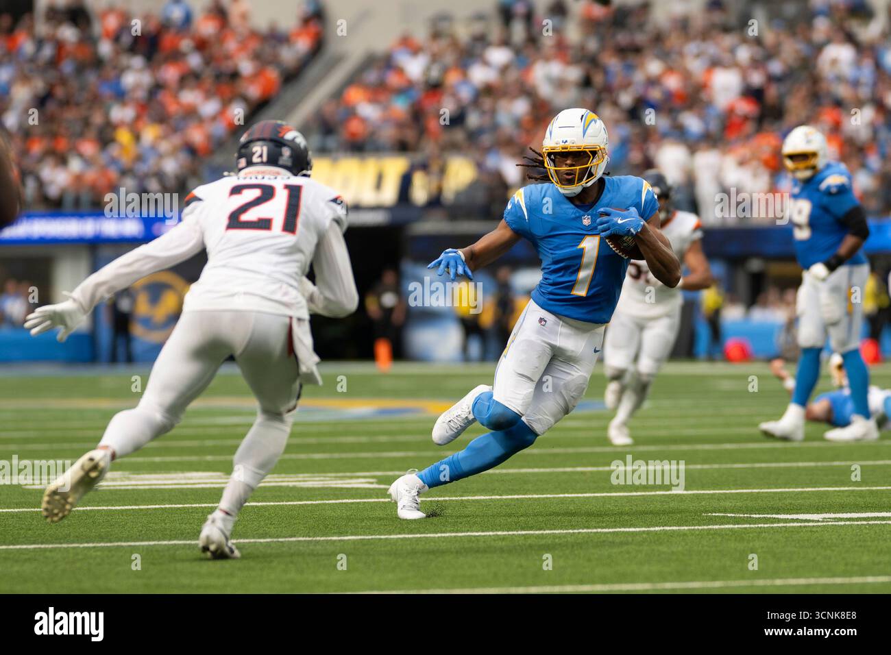 Los Angeles Chargers wide receiver Quentin Johnston (1) runs with the ...