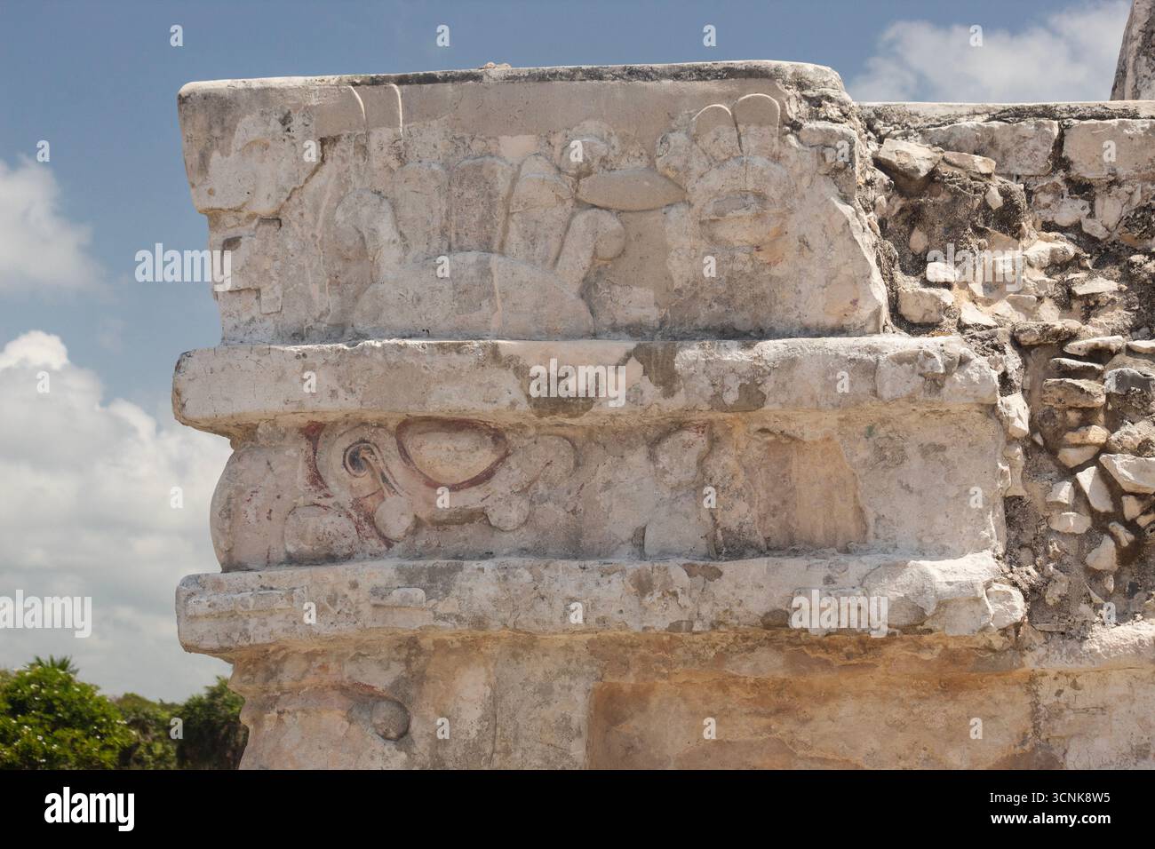 Close up to a details of an ancient mayan carved stone of a temple with ...