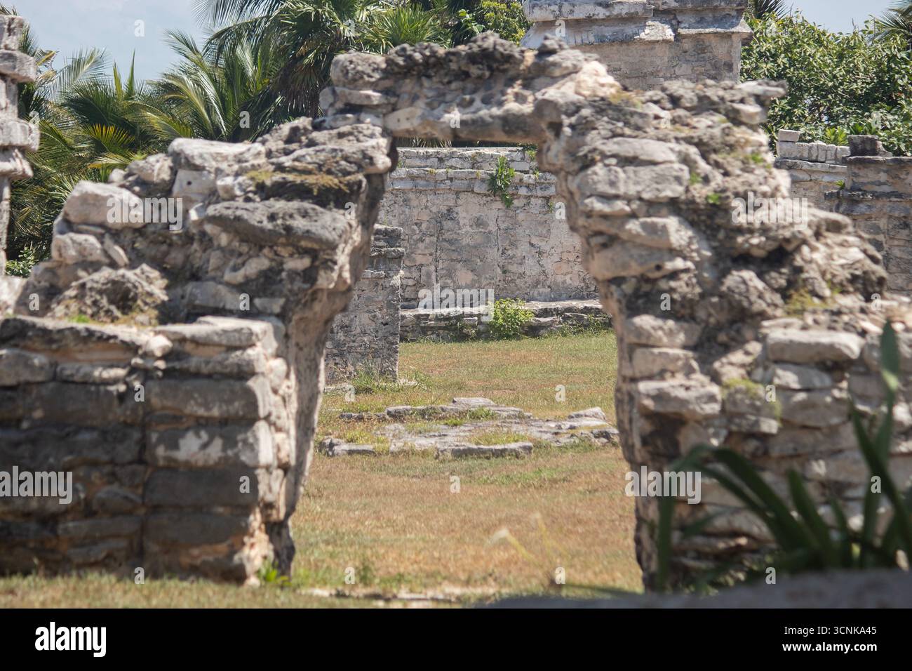Beautiful shot of an ancient mayan ruins complex viewed through a stone ...