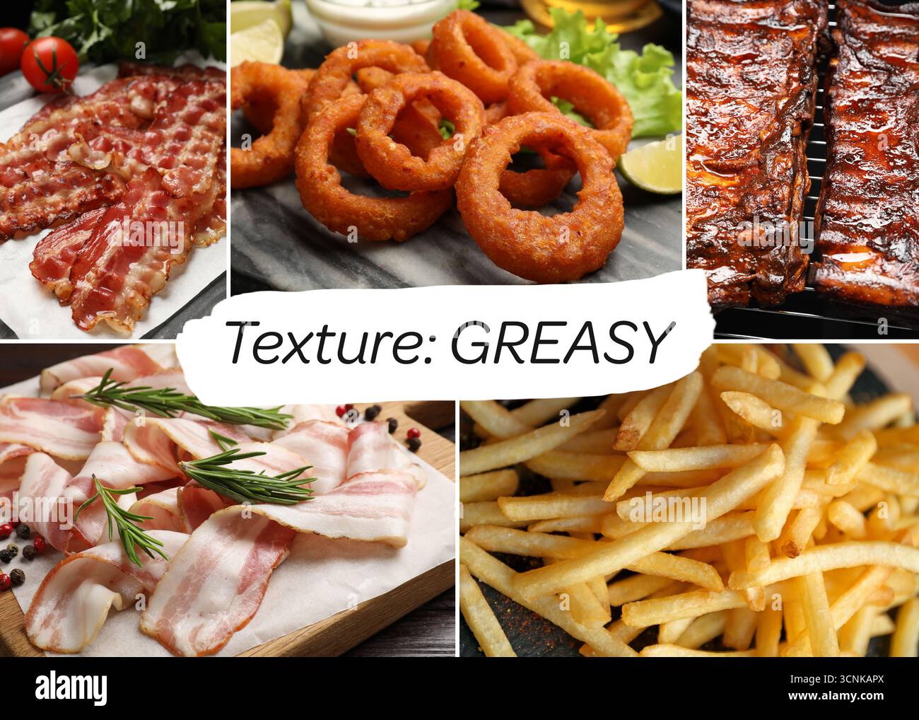 Collection of foods with greasy texture, collage Stock Photo - Alamy