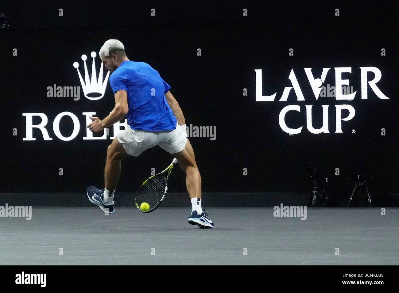 Team Europe's Carlos Alcaraz, of Spain, returns a shot through his legs ...