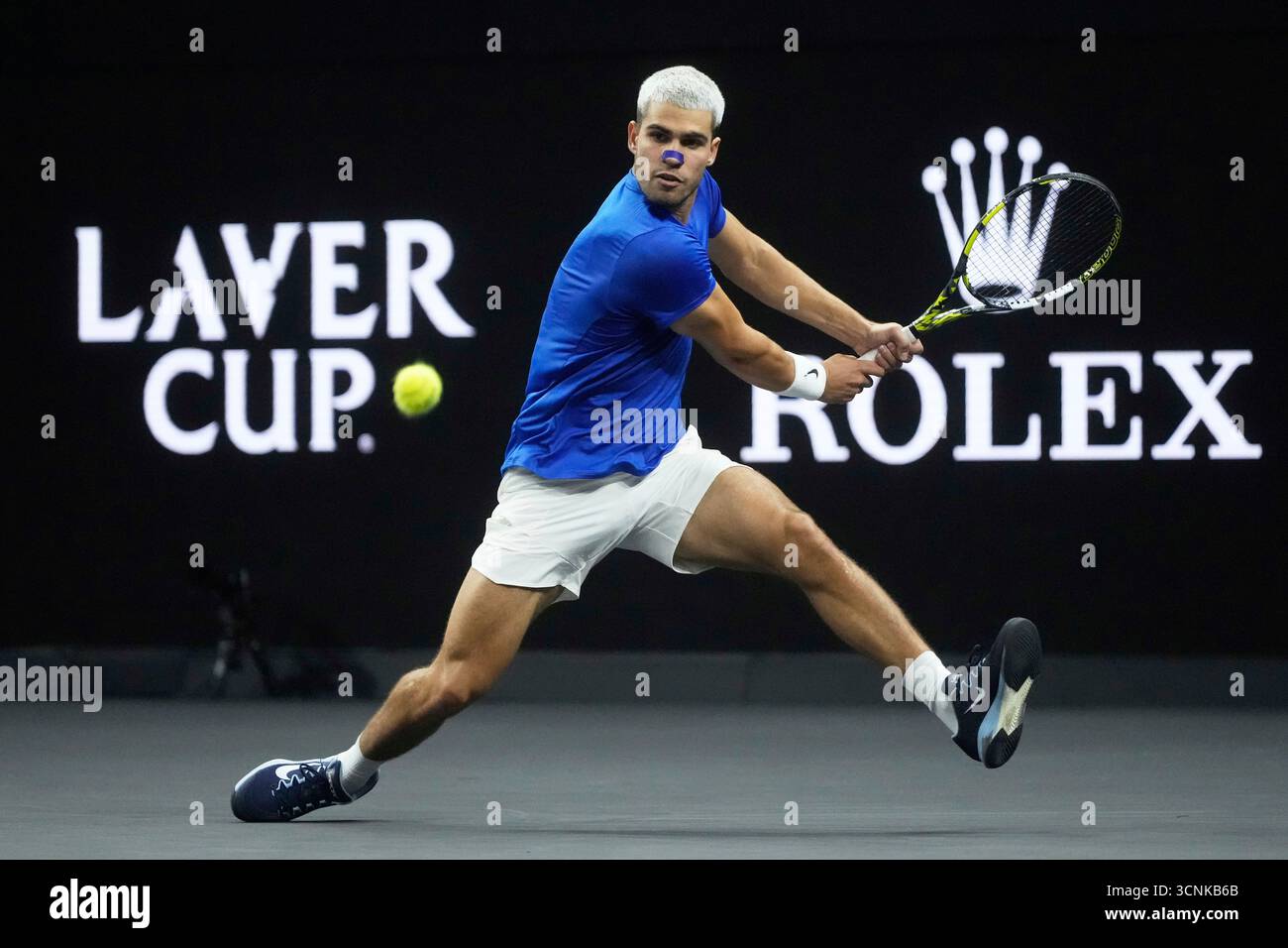 Team Europe's Carlos Alcaraz, of Spain, returns a shot against Team ...