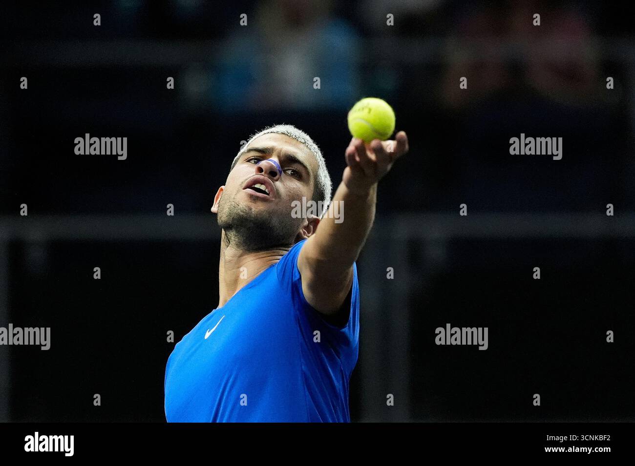 Team Europe's Carlos Alcaraz, of Spain, serves against Team World's ...