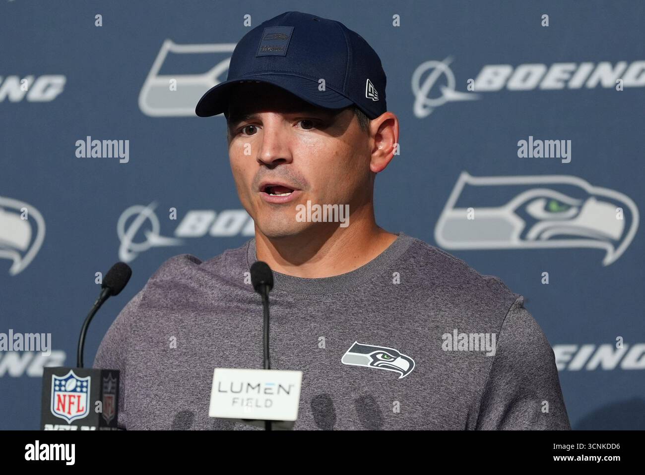 Seattle Seahawks head coach Mike Macdonald speaks during a press ...