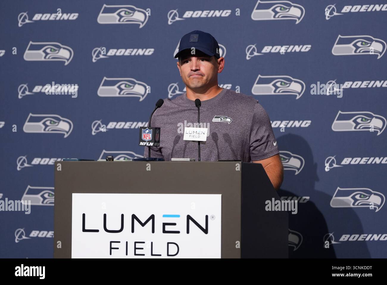 Seattle Seahawks head coach Mike Macdonald speaks during a press ...