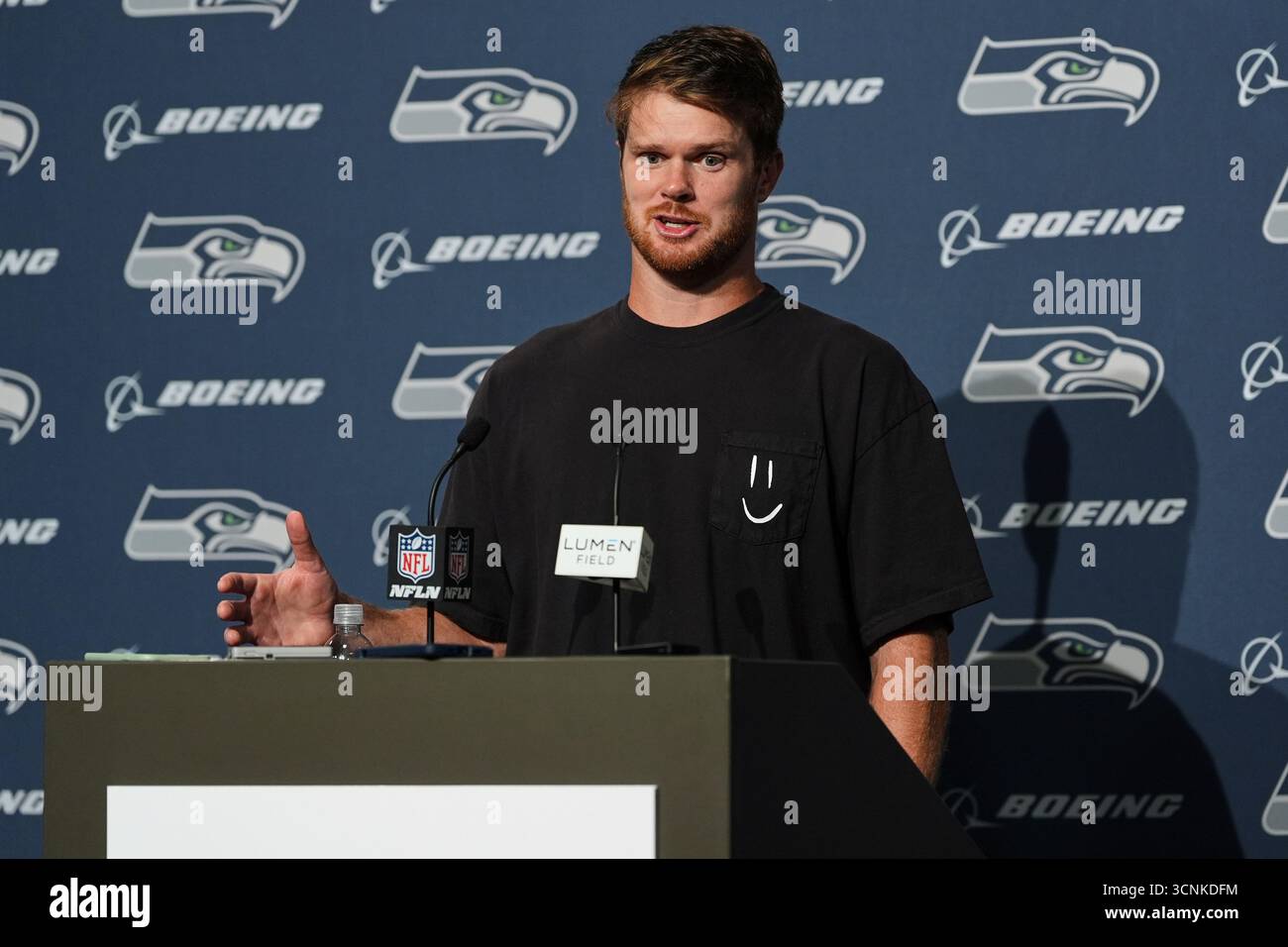 Seattle Seahawks quarterback Sam Darnold speaks during a press ...