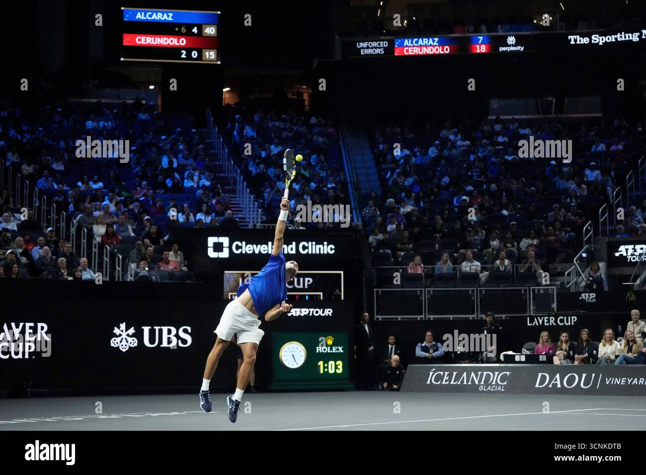 Team Europe's Carlos Alcaraz, of Spain, serves against Team World's ...