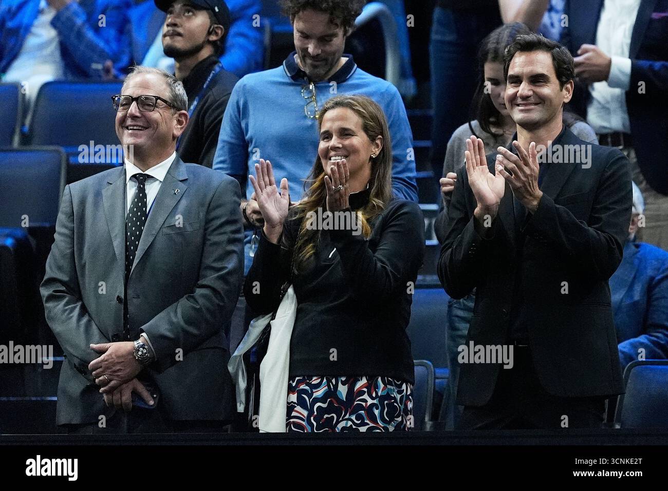 Tony Godsick, Chairman of the Laver Cup, from front left, his wife ...