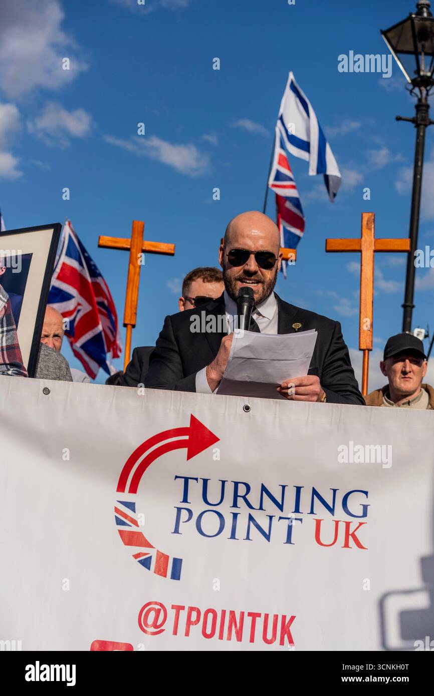 Nick Tenconi, leader of UKIP speaks at a Charlie Kirk vigil in Hyde ...