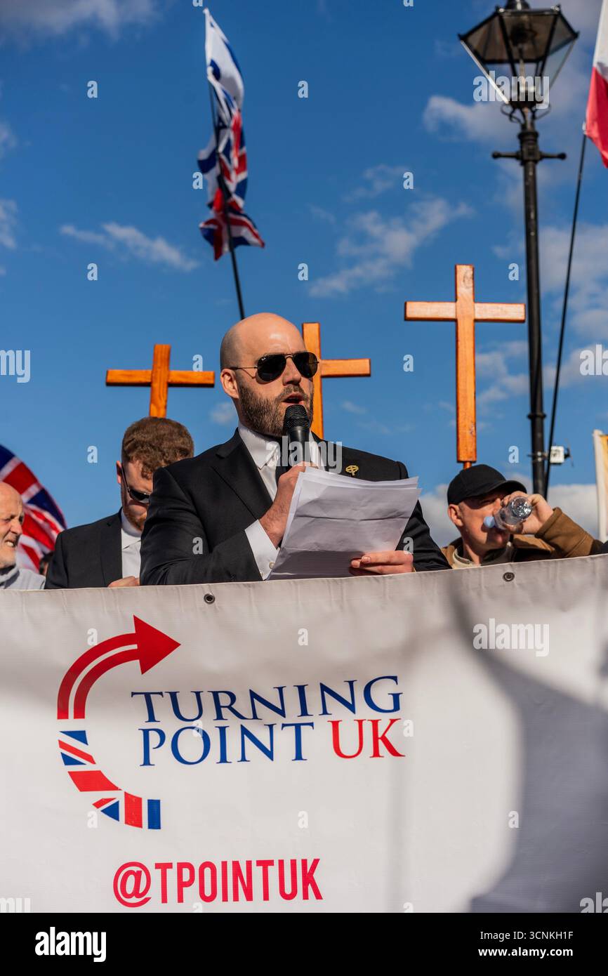 Nick Tenconi, leader of UKIP speaks at a Charlie Kirk vigil in Hyde ...