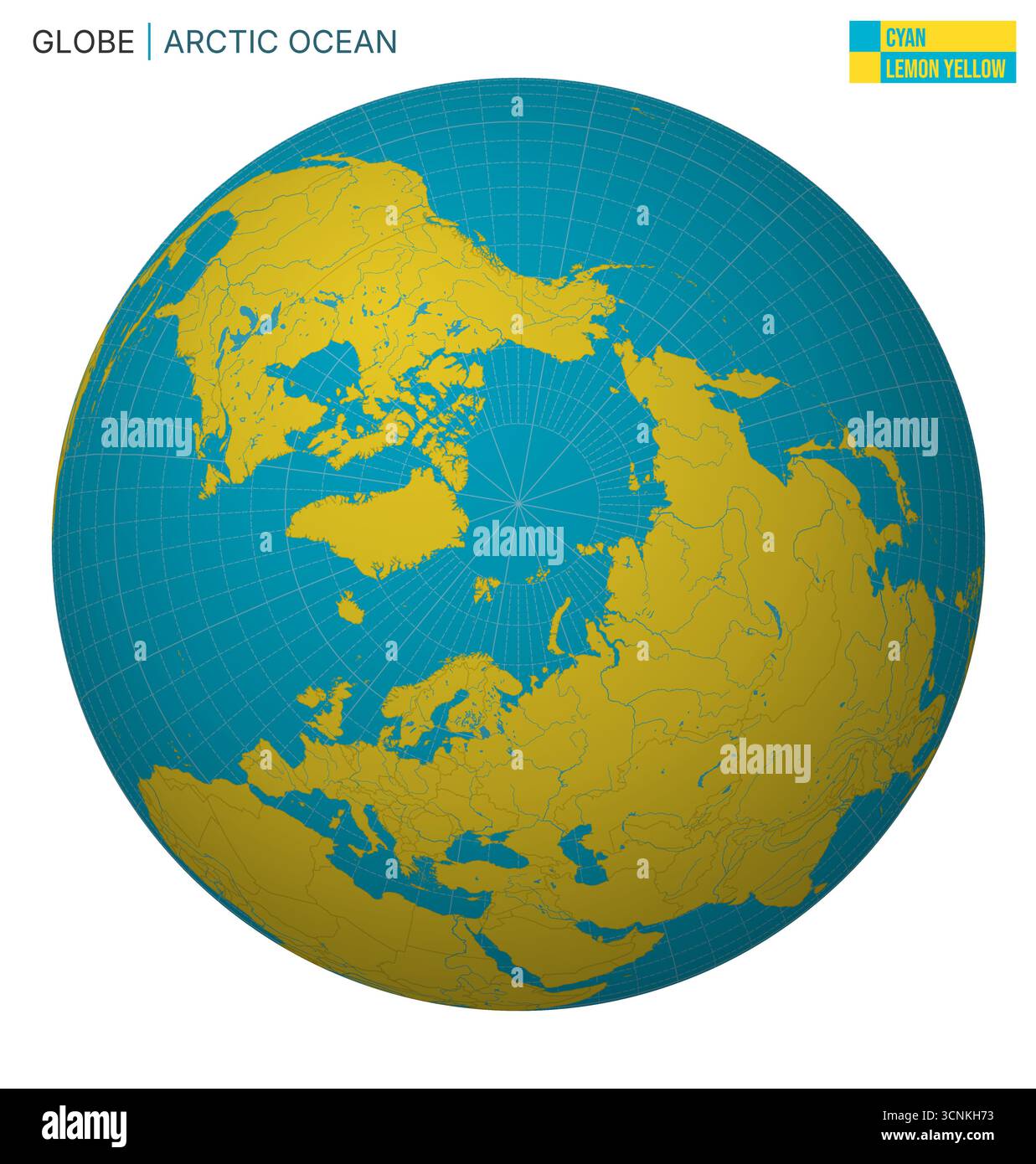 Vector globe centered on the Arctic Ocean. Cyan, lemon, and yellow ...