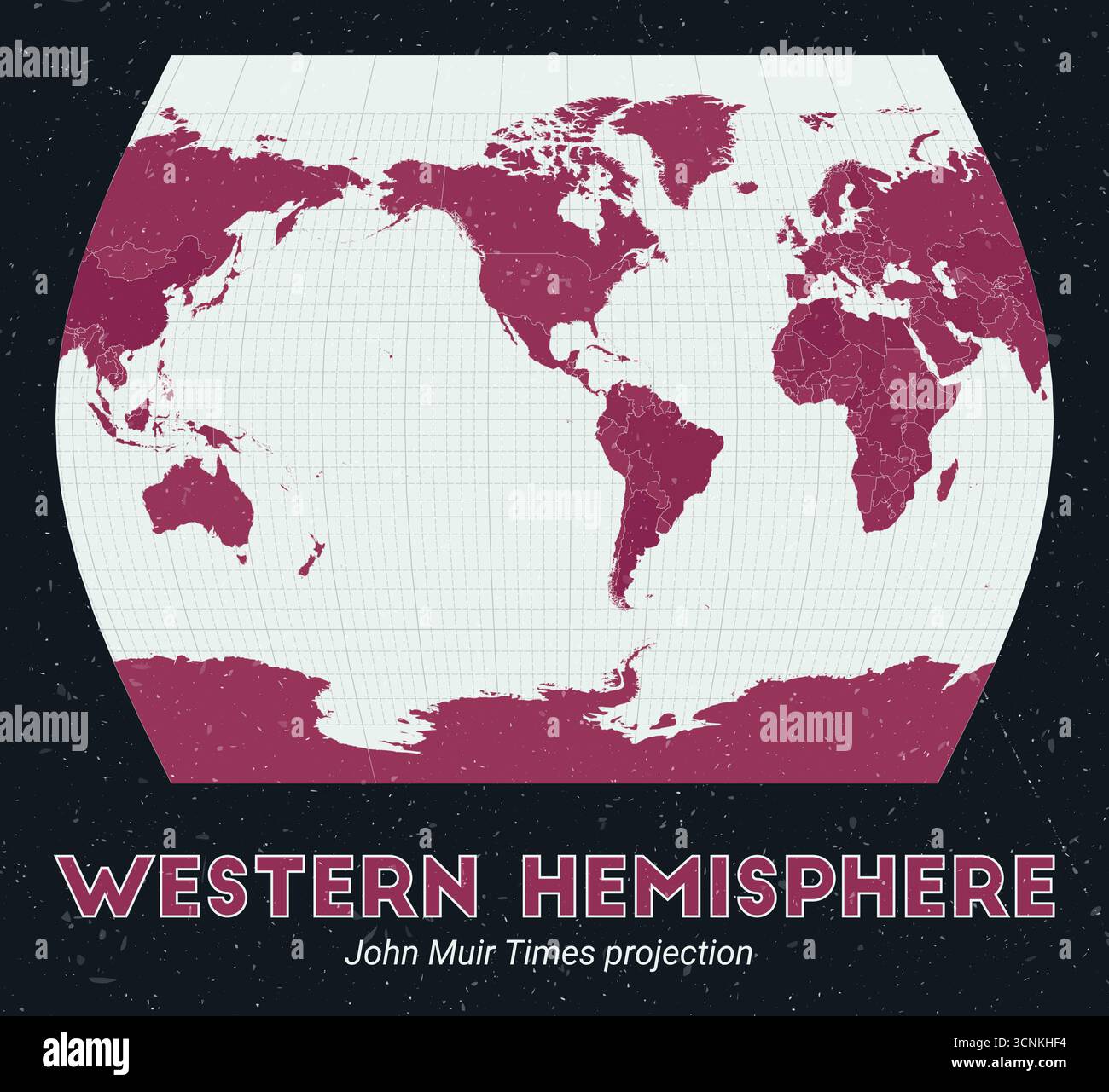 Western Hemisphere. World map. John Muir Times projection centered on ...