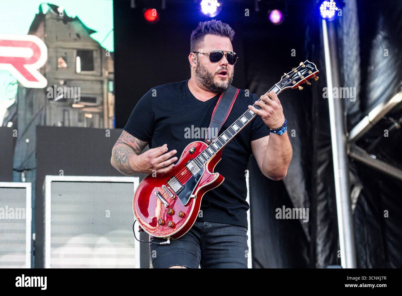 Joe Garvey of Hinder performs during Louder Than Life music festival ...