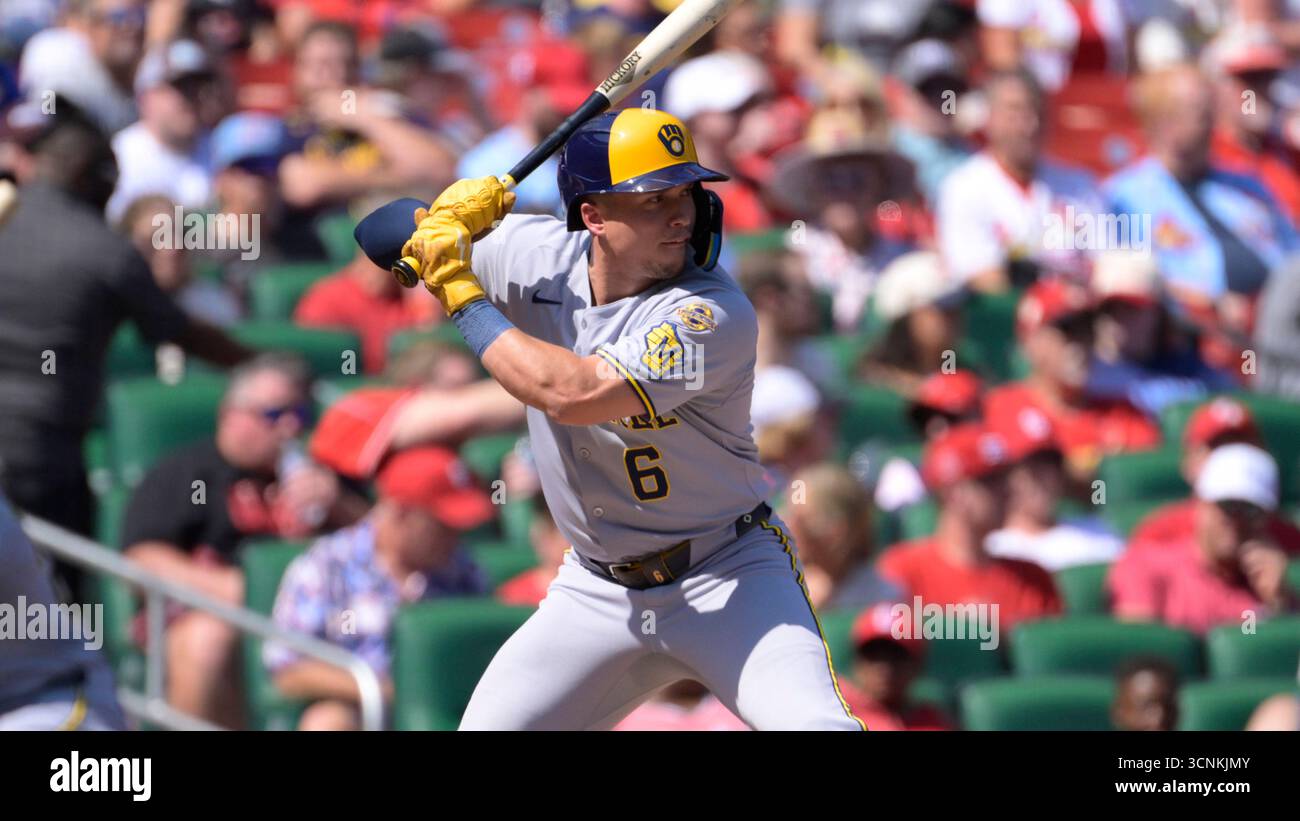 Milwaukee Brewers' Isaac Collins at bat against the St. Louis Cardinals ...