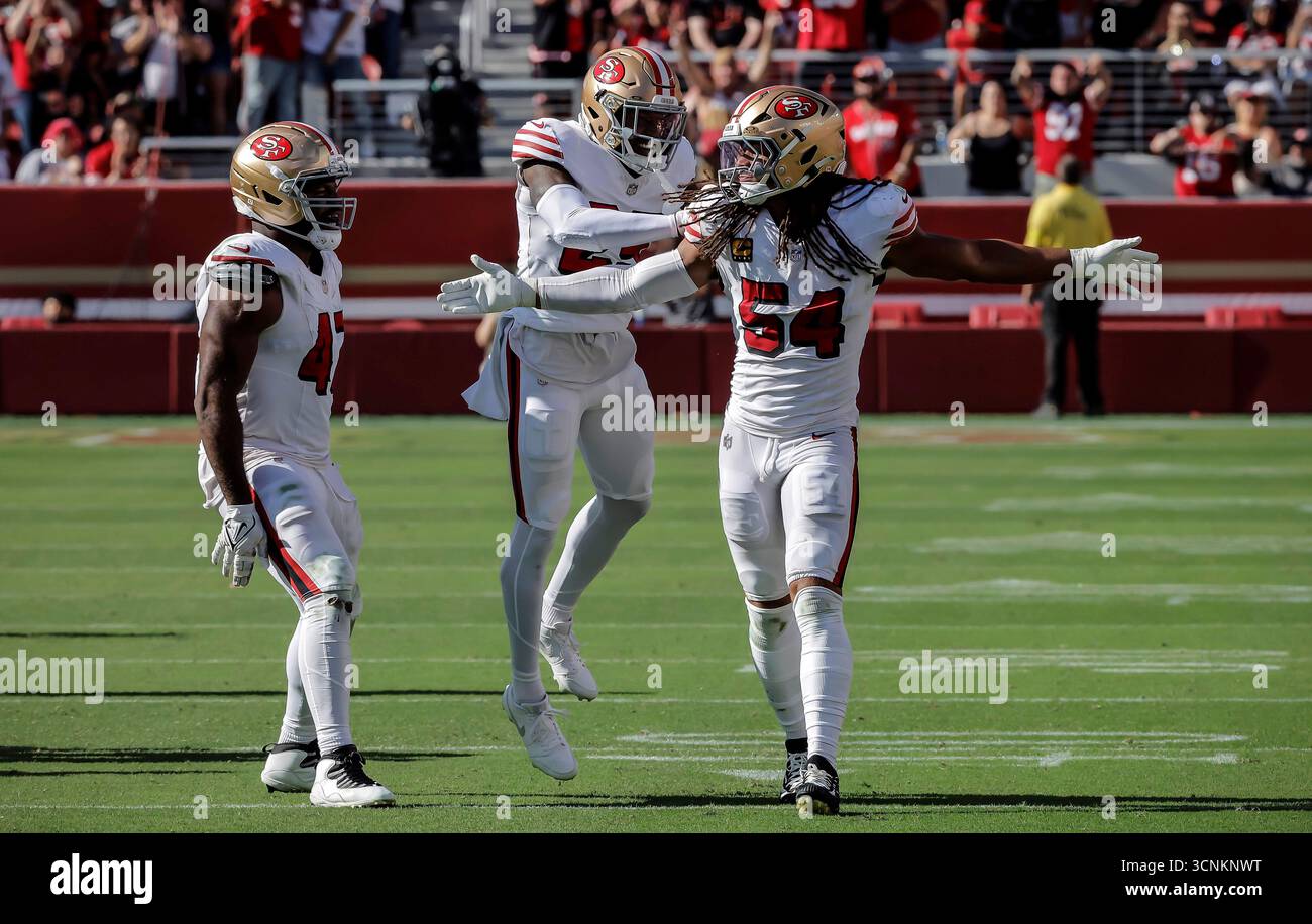 San Francisco 49ers' Fred Warner (54) celebrates after his broken-up ...