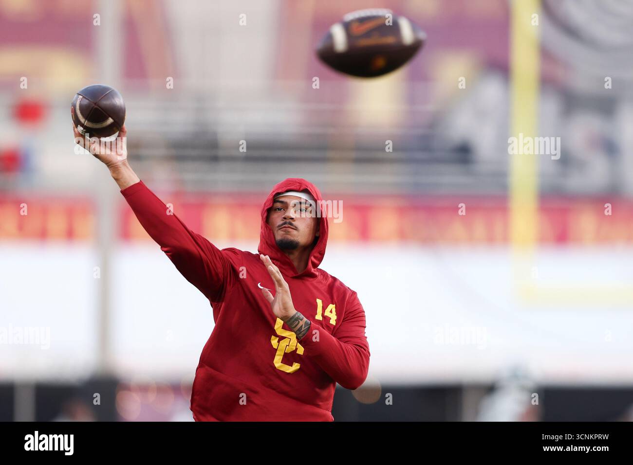 Southern California quarterback Jayden Maiava (14) warms up before an ...