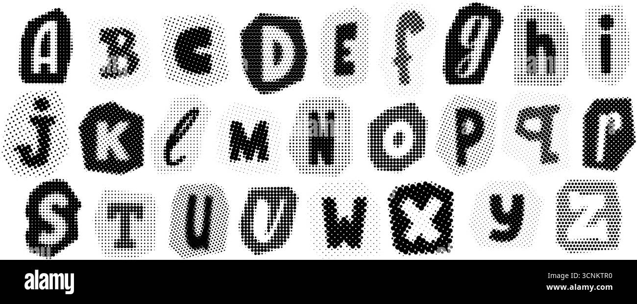 Black halftone alphabet. Retro pixelated letters design. Comic pop art ...