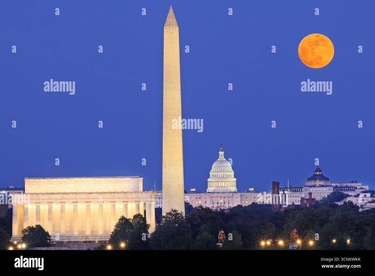 Washington DC skyline illuminated at dusk with Lincoln Memorial ...