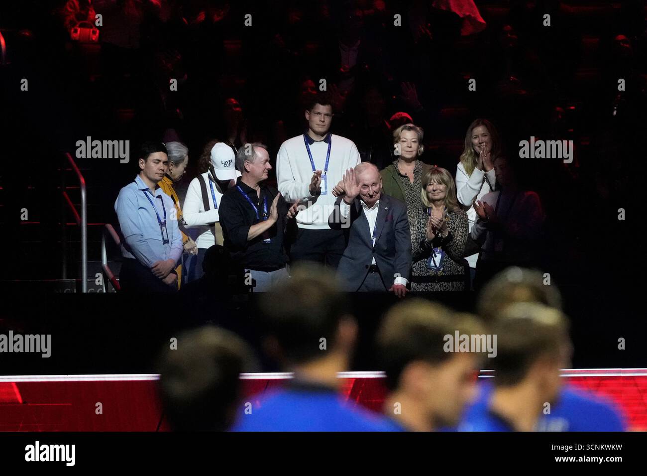 Rod Laver, middle right, waves during the trophy ceremony after Team ...