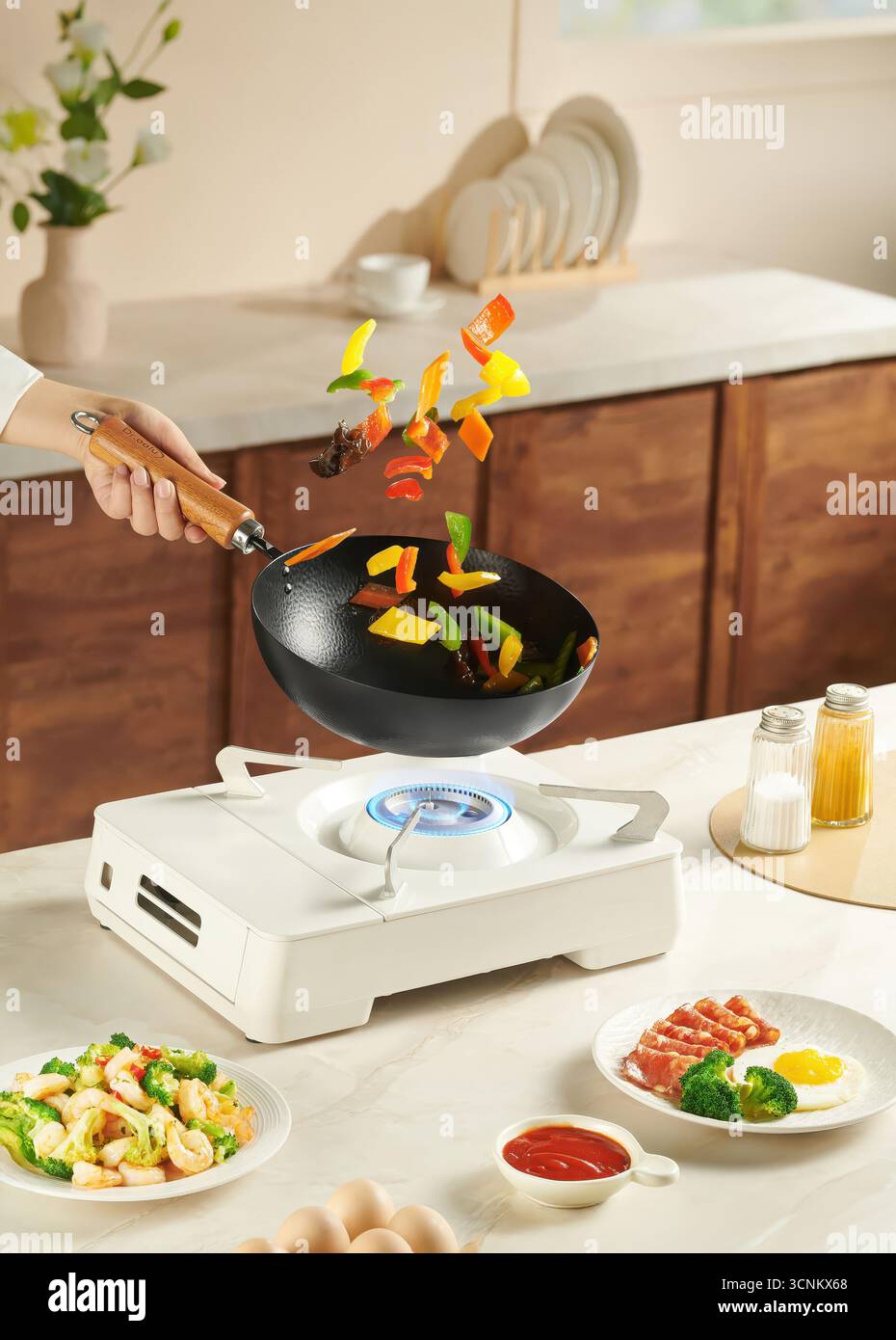 Delicious Stir-fry Cooking in Modern Kitchen with Portable Gas Stove ...