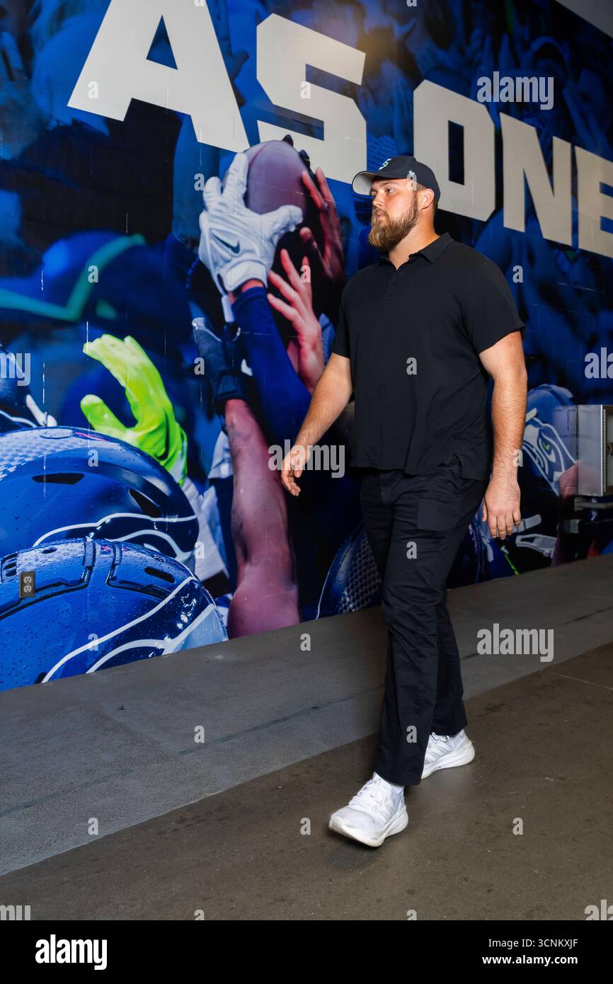 Seattle Seahawks guard Bryce Cabeldue (77) arrives before an NFL ...