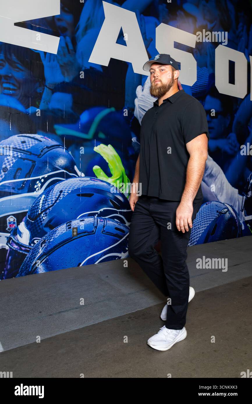 Seattle Seahawks guard Bryce Cabeldue (77) arrives before an NFL ...