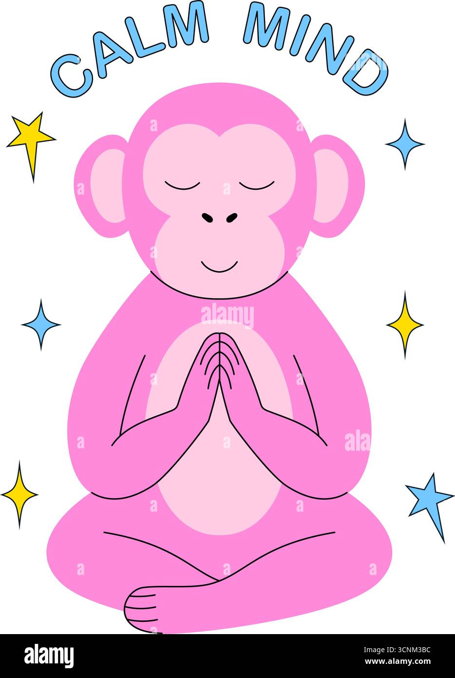 Pink cartoon monkey in a meditative pose with the text Calm Mind Stock ...