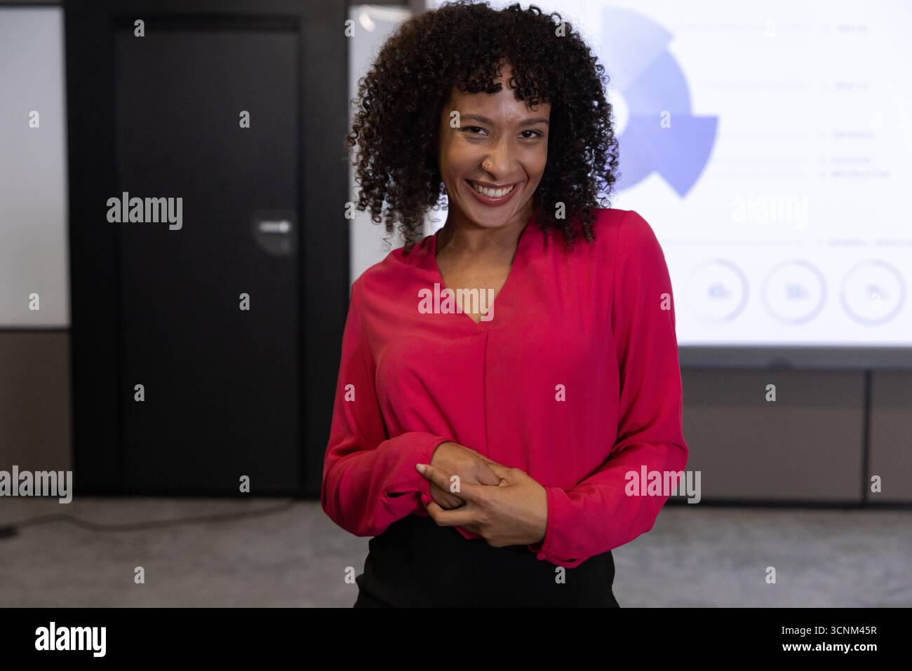African american woman presenting pie chart on screen while in red ...