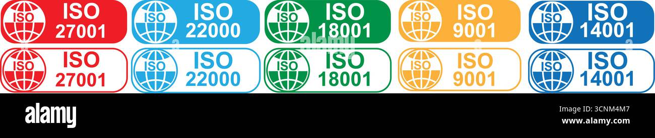 Set of ISO Certification Stamps | ISO 27001, 22000, 18001, 9001, 14001 ...