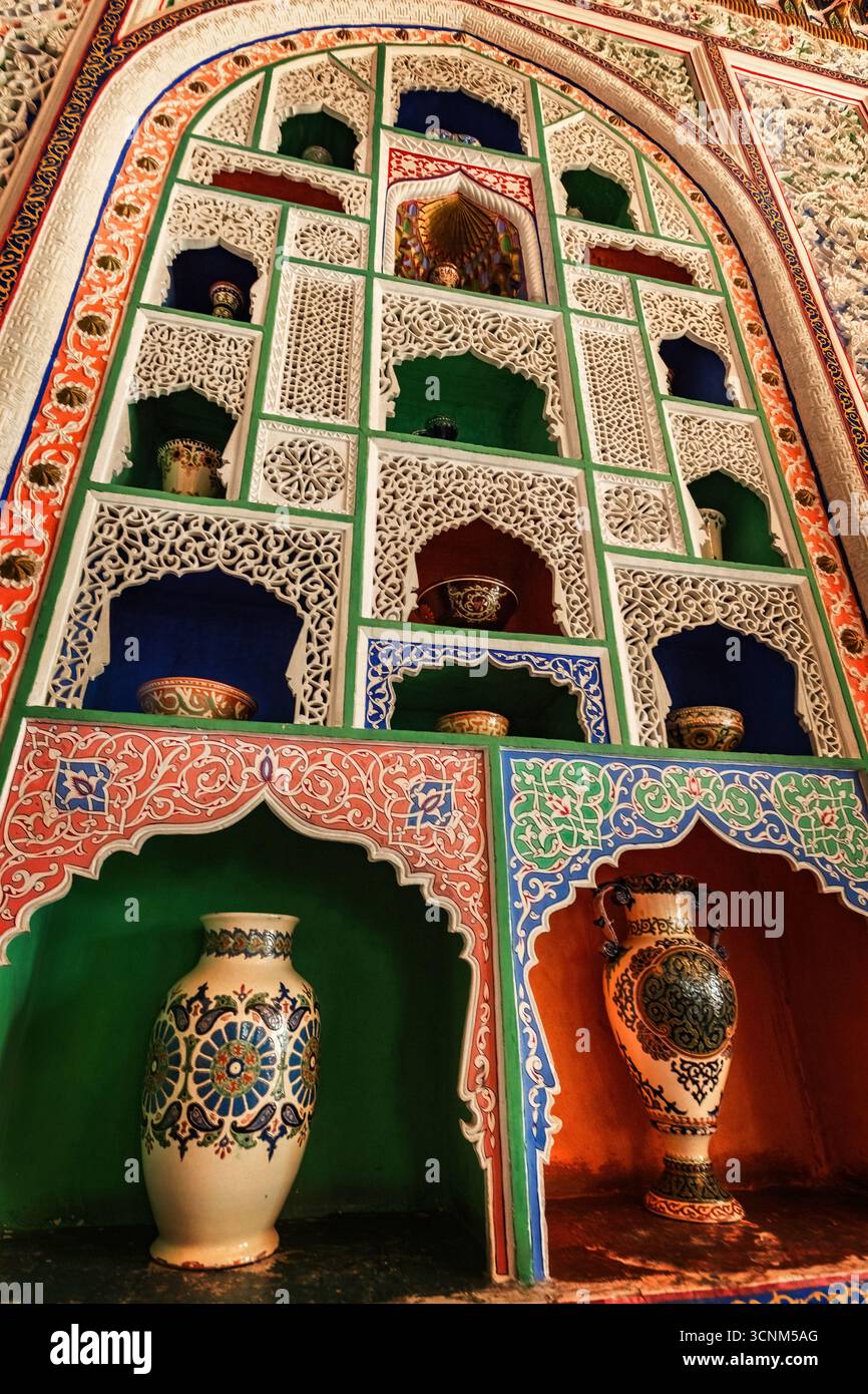 Traditional clay pottery samples in the Applied Arts museum in Tashkent ...