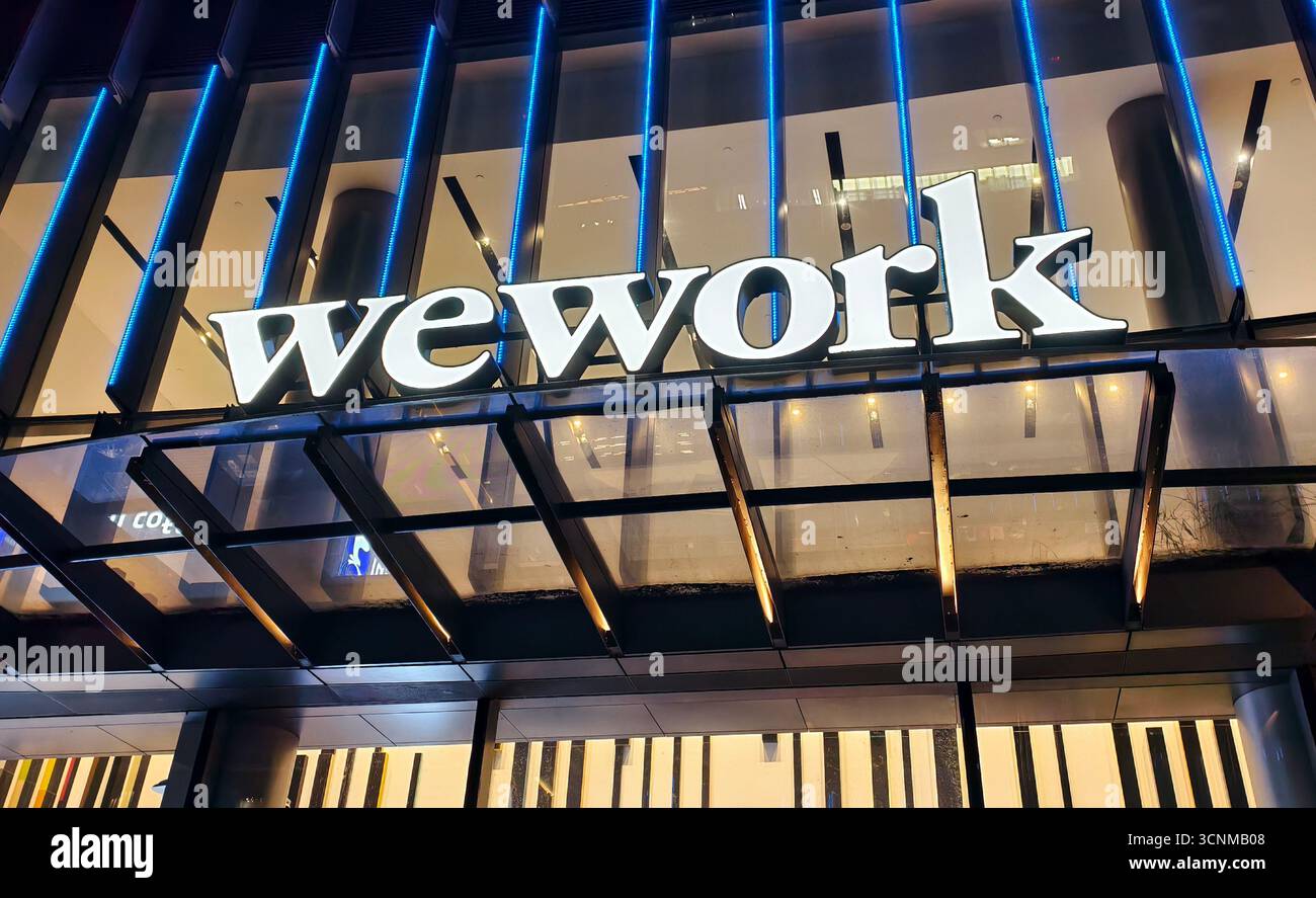 SHANGHAI, CHINA - SEPTEMBER 21, 2025 - Night view of WEWORK Building in ...