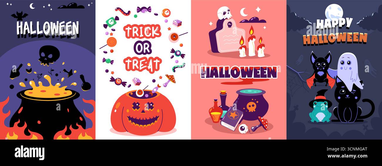 Cute Halloween cards. Cartoon funny spooky characters for invitation ...