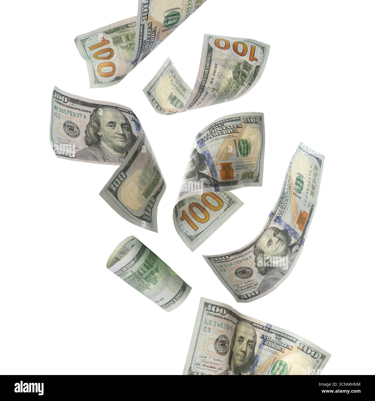 Money flying. Dollar bills falling against white background Stock Photo ...