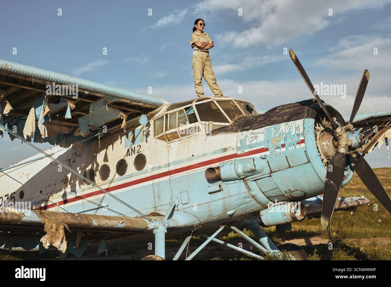 Pilot poses proudly on old aircraft Stock Photo - Alamy