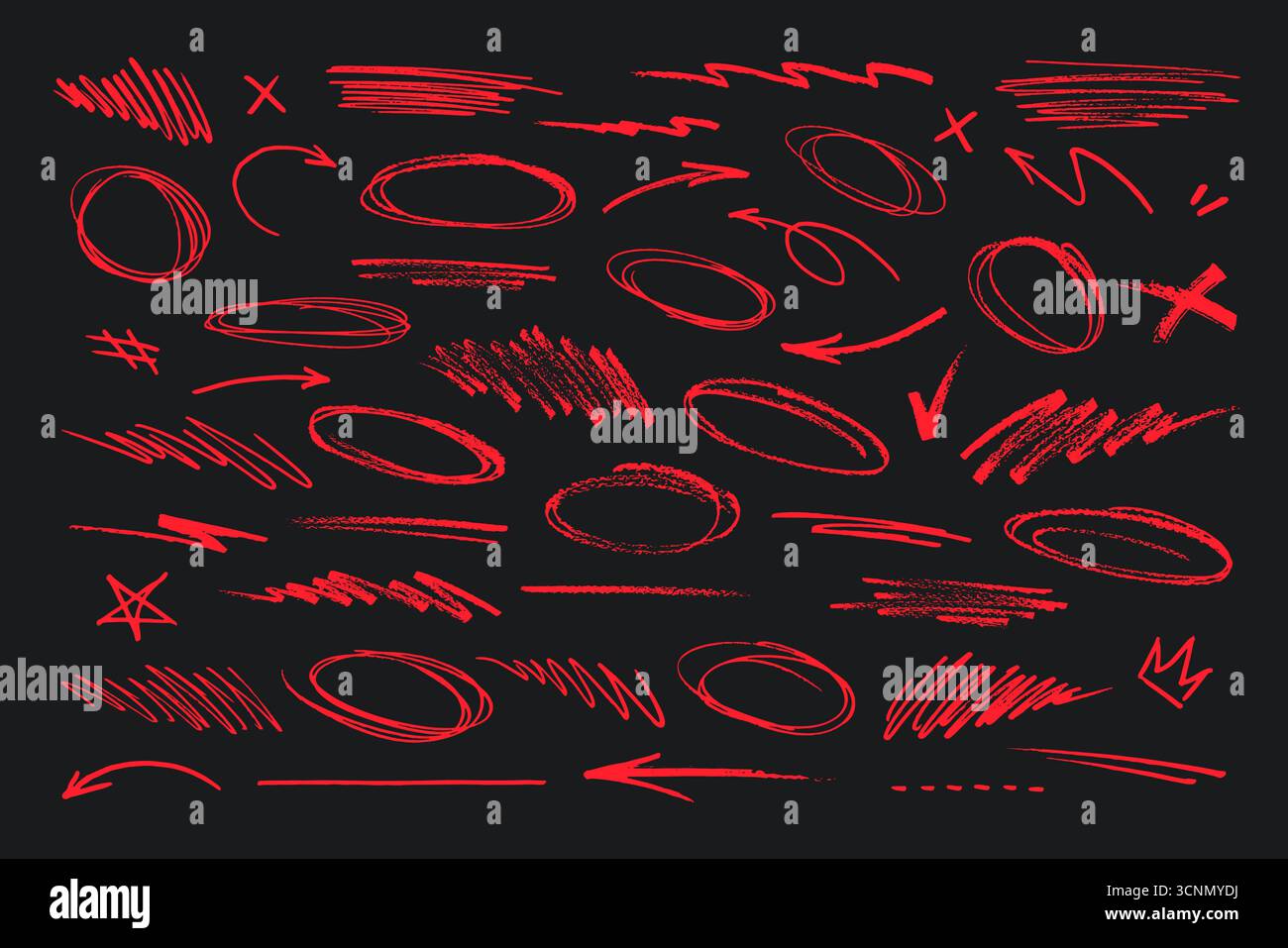 Set of red hand drawn vector scribbles isolated on black. including ...