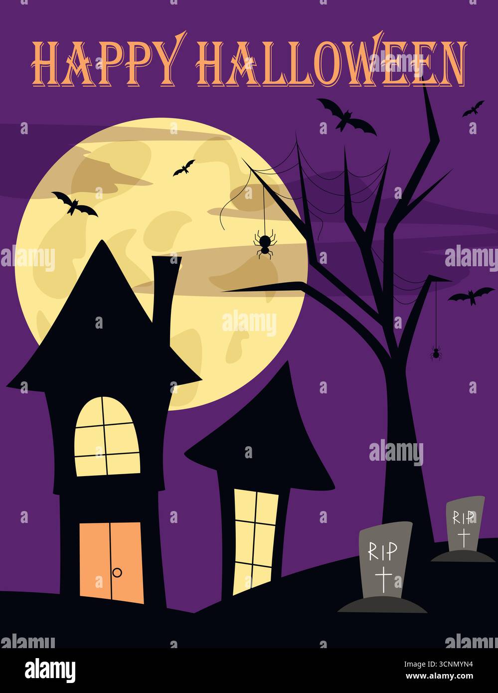 Halloween-themed card, vector graphics. Layout includes houses, full ...