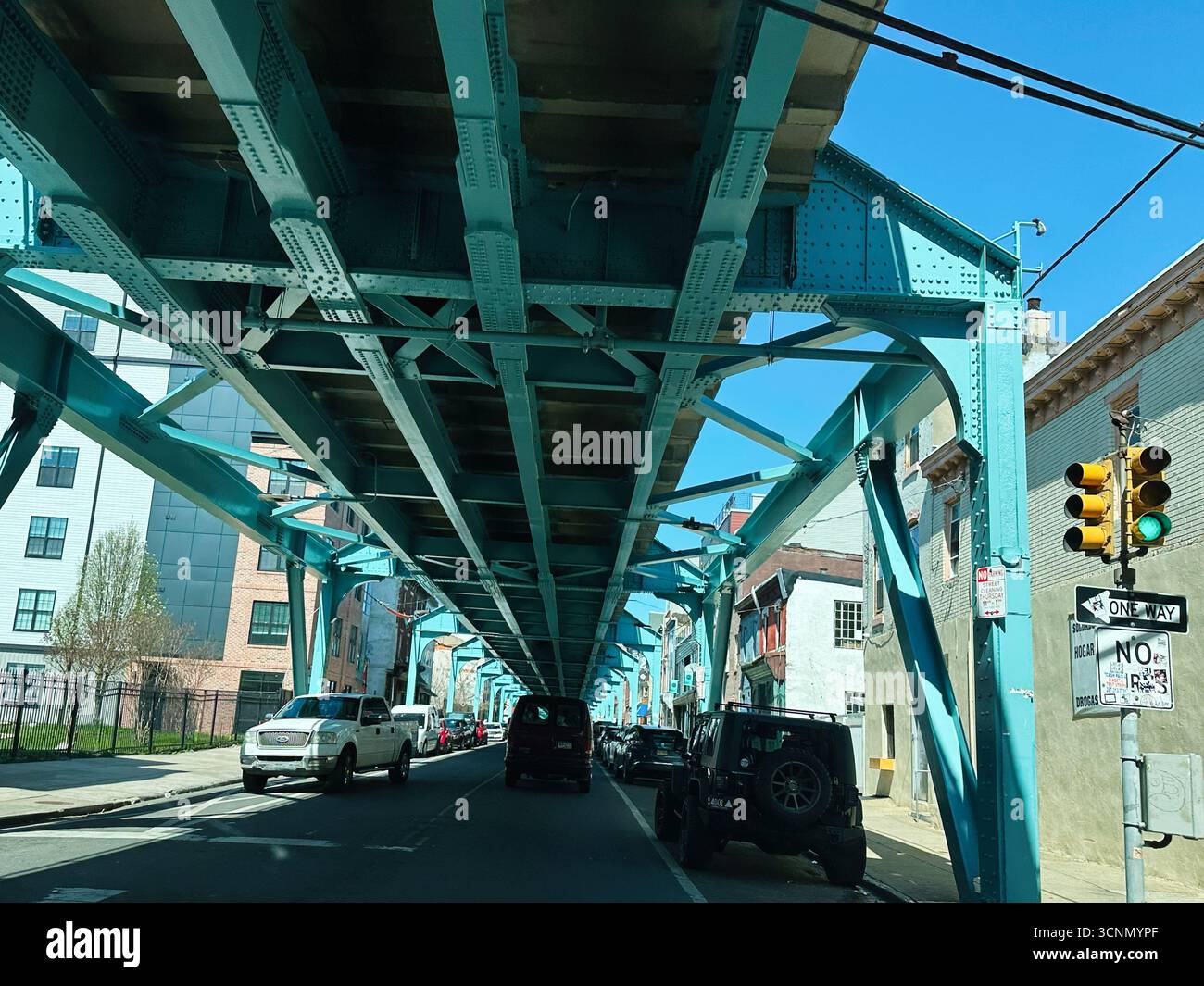 Philadelphia, Pennsylvania, USA - April 29, 2025: Teal steel elevated ...