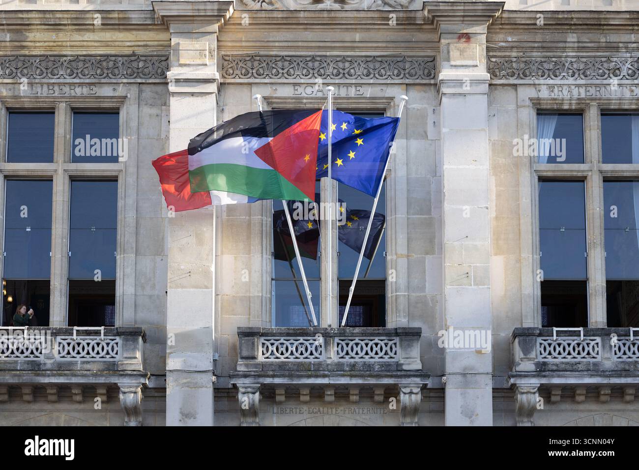 Flag raising ceremony of the Palestinian flag outside Saint-Denis town ...